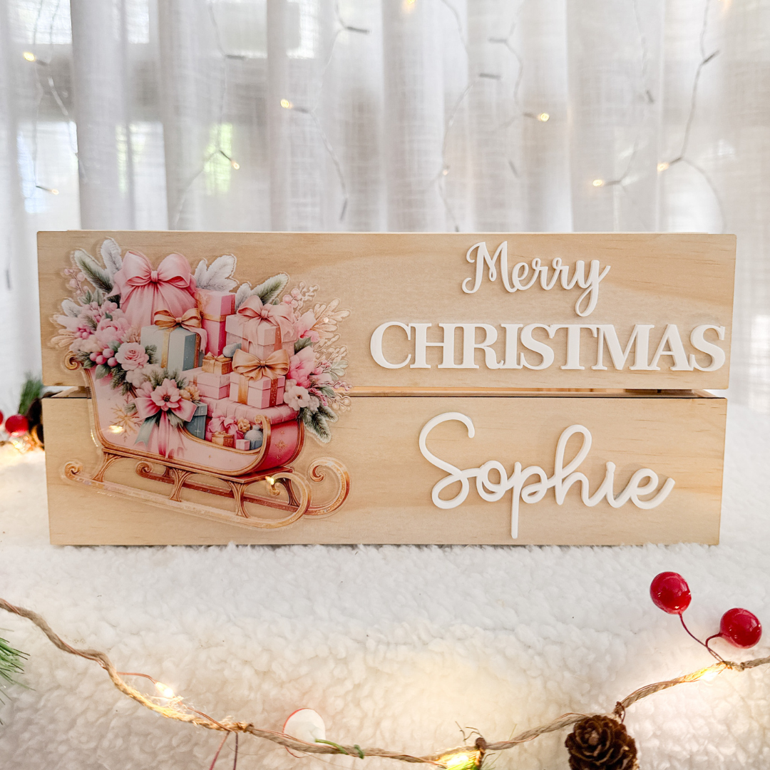 Personalised Christmas Crate – Pink Sleigh Design – KnK krafts